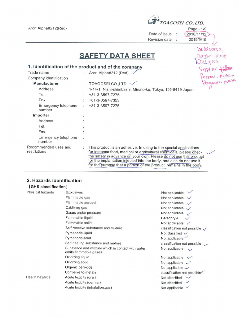 MSDS - Aron Alpha 212 Glue | PDF