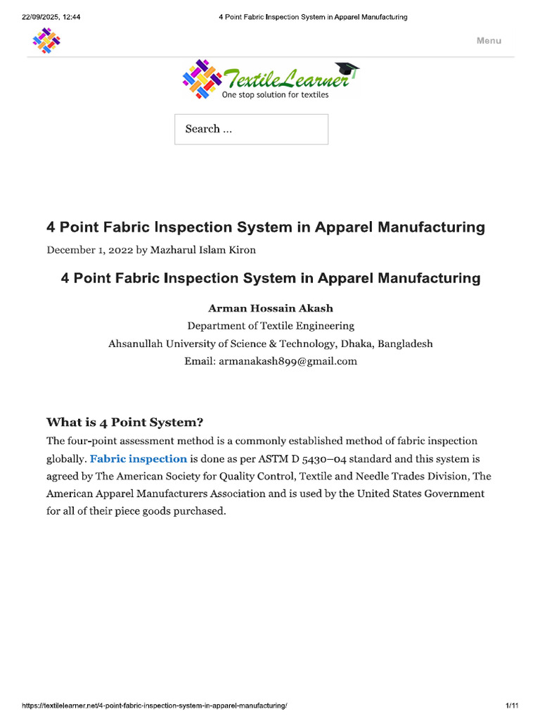 4 Point Fabric Inspection System in Apparel Manufacturing | PDF
