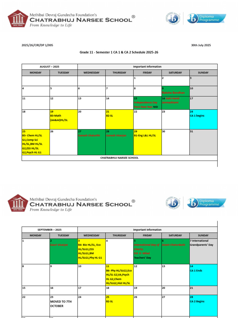 Grade 11 CA Schedule 2025-26 | PDF | Religious Festivals | Religious ...