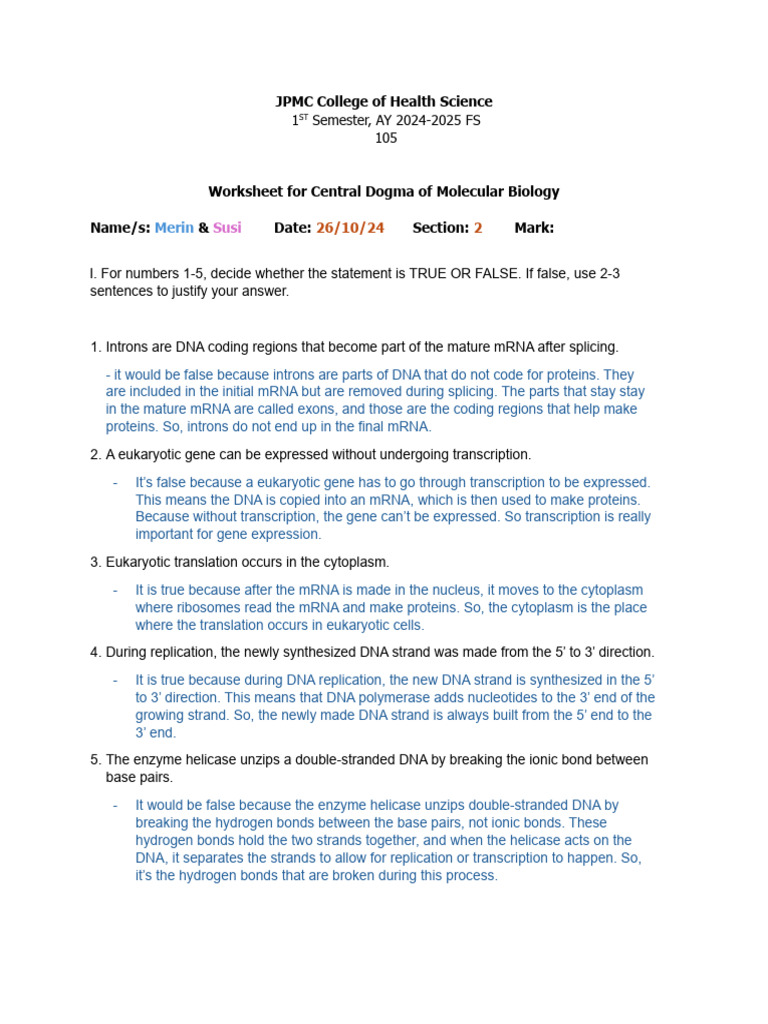 Central Dogma Worksheet: True/False Quiz | PDF | Messenger Rna | Dna ...