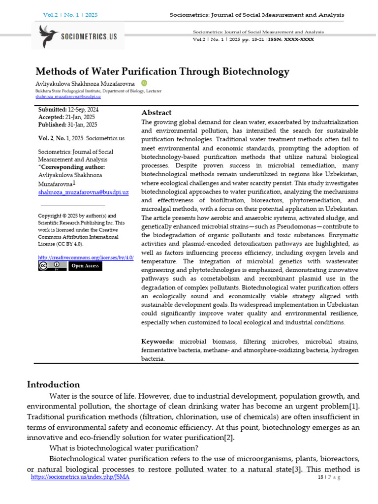 Methods of Water Purification Through Biotechnology: Avliyakulova ...