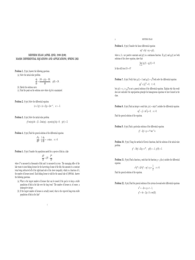 MAS201 Differential Equations Midterm Exam | PDF | Equations | Calculus