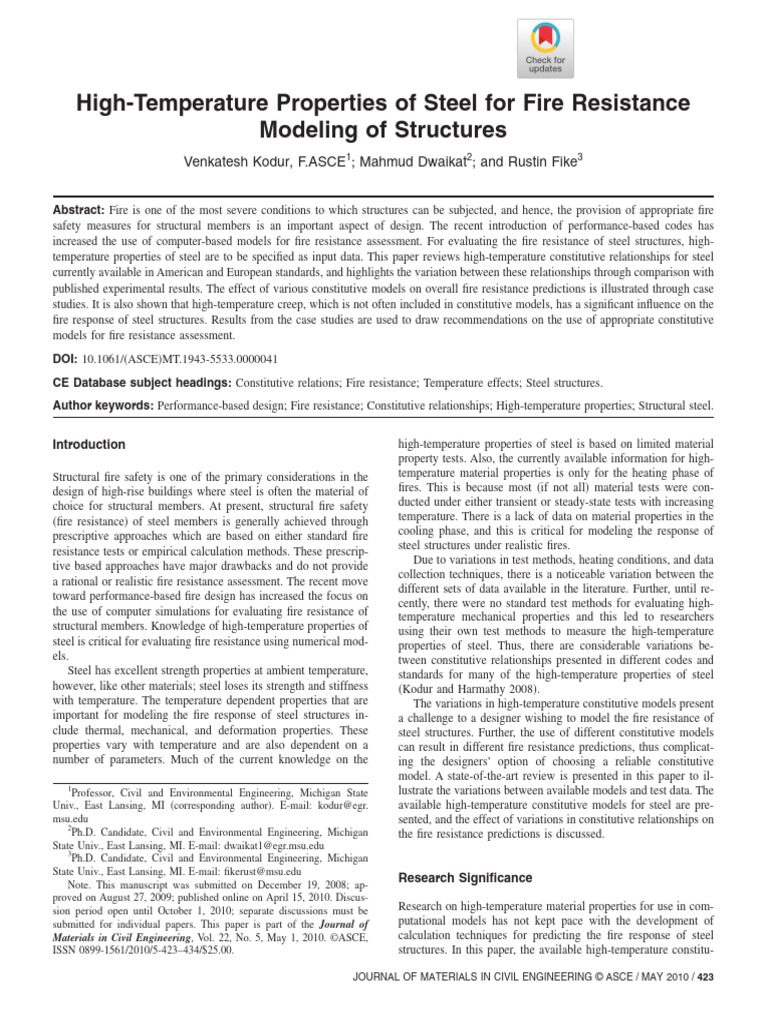 Kodur Et Al 2010 High Temperature Properties of Steel For Fire Resistance Modeling of Structures ...