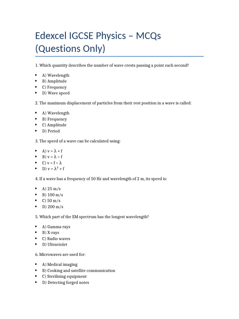 Edexcel IGCSE Physics MCQs Guide | PDF | Waves | Electromagnetic Spectrum