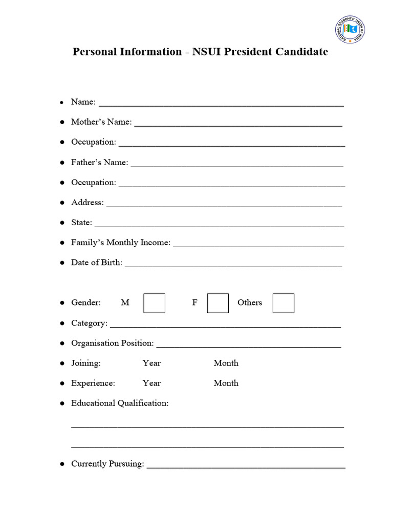 NSUI President Form 2 5 - 1 | PDF | Equality Rights | Gender Equality