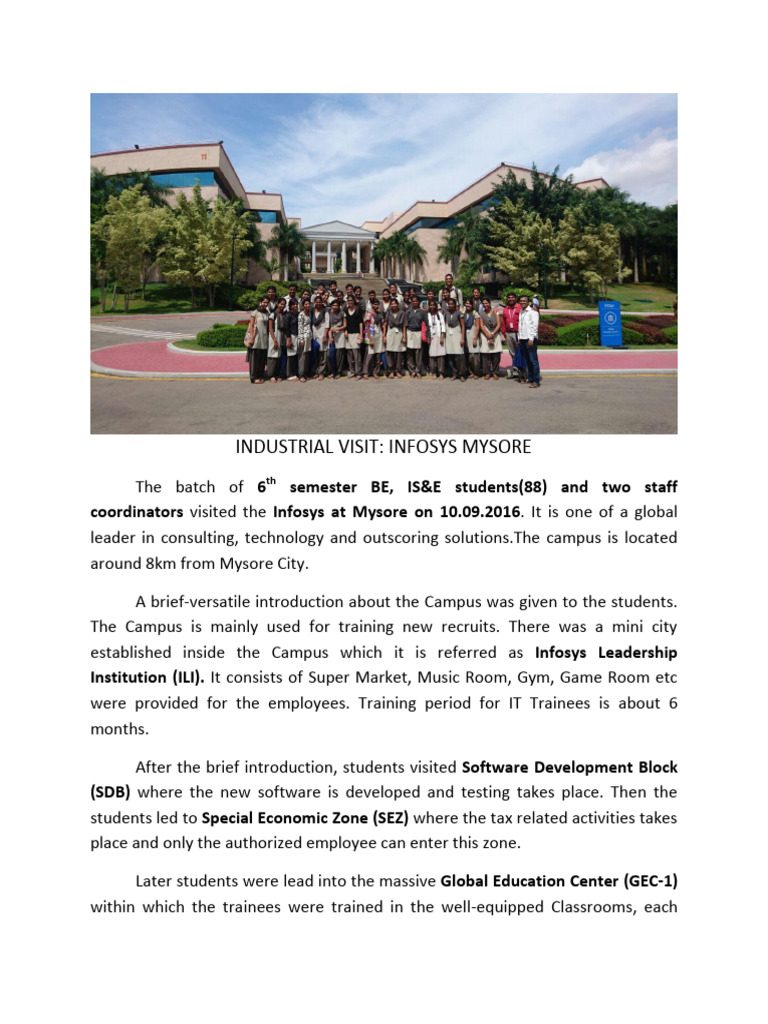 Infosys Mysore Industrial Visit Summary | PDF