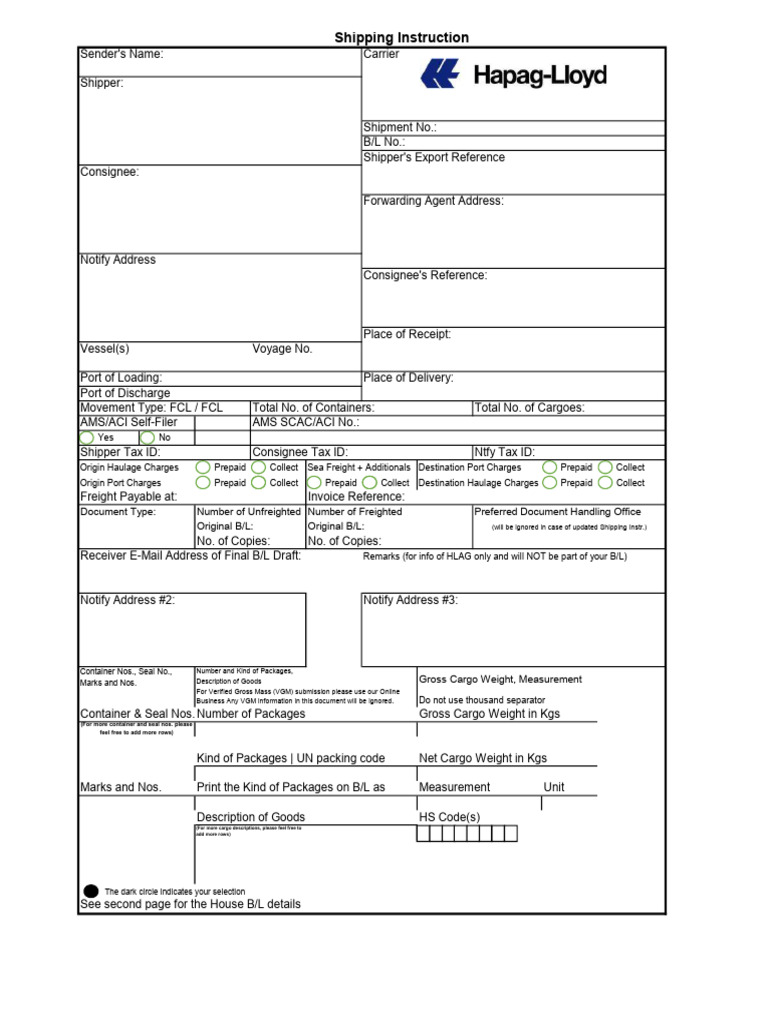 Shipping Instruction and House BL Template | PDF | Cargo | Consignee