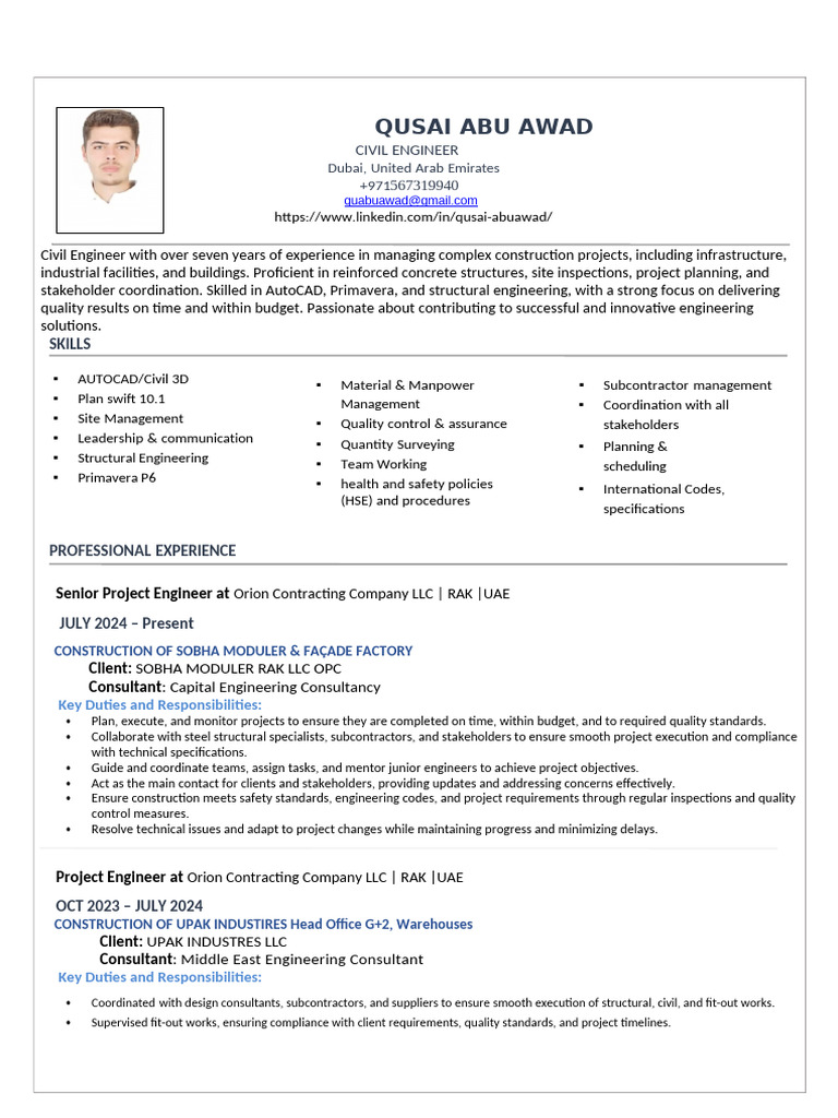 Civil Engineer Profile: Qusai Abu Awad | PDF | Specification (Technical ...