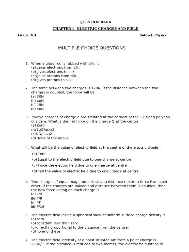 Question Bank - Multiple Choice Questions | PDF | Electric Field | Sphere