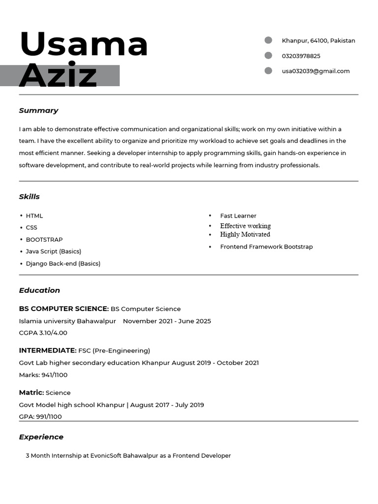 Developer Internship Resume - Usama Khan | PDF
