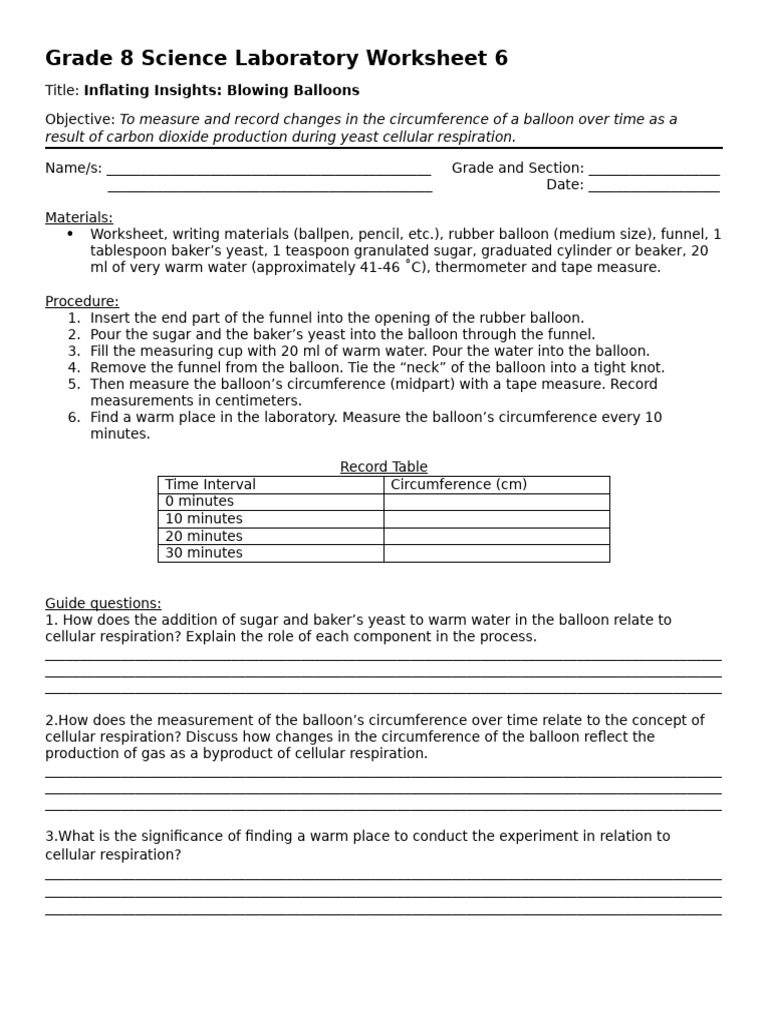 Grade 8 Science Laboratory Worksheet Cell Respiration | PDF | Balloon