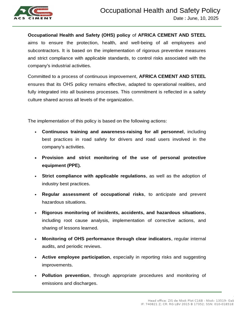 Africa Cement and Steel OHS Policy | PDF | Occupational Safety And ...