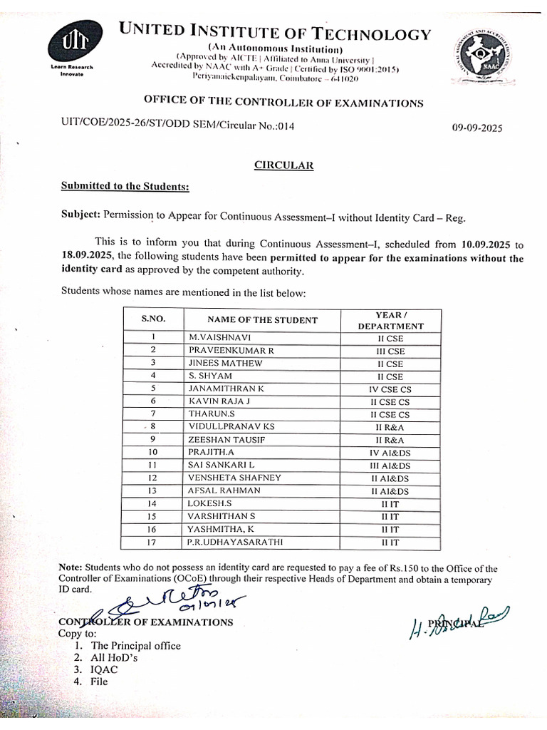 Uit Coe 2025 26 ST Odd Sem Circular No.014 | PDF