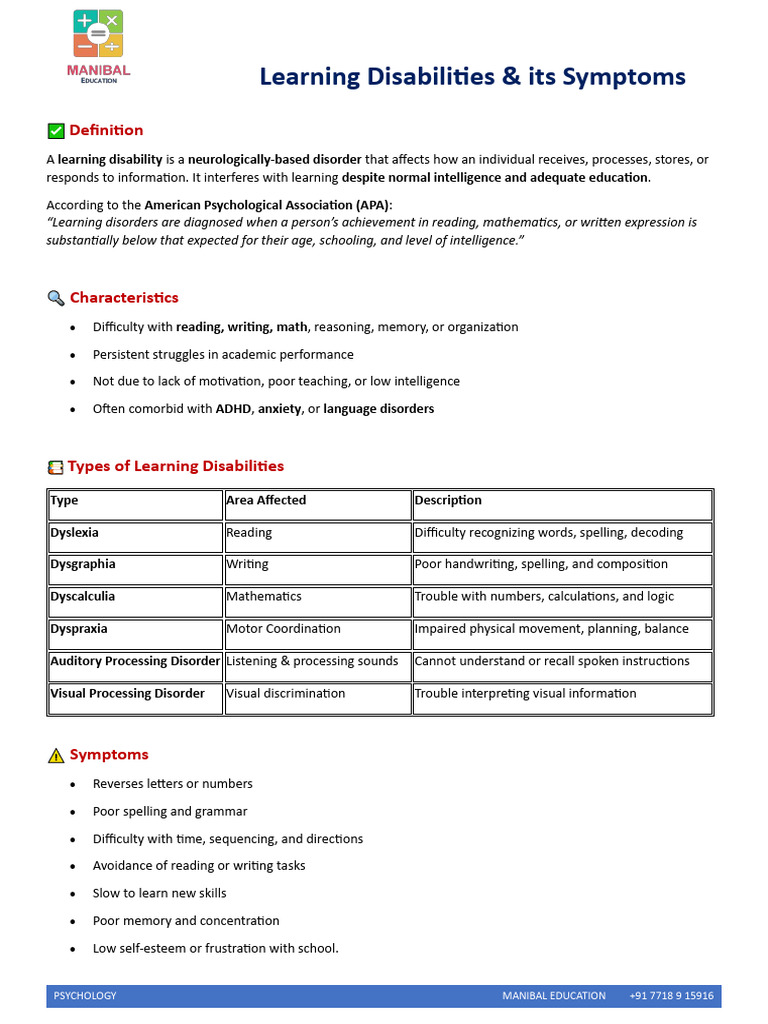 Learning Disabilities: Symptoms & Types | PDF