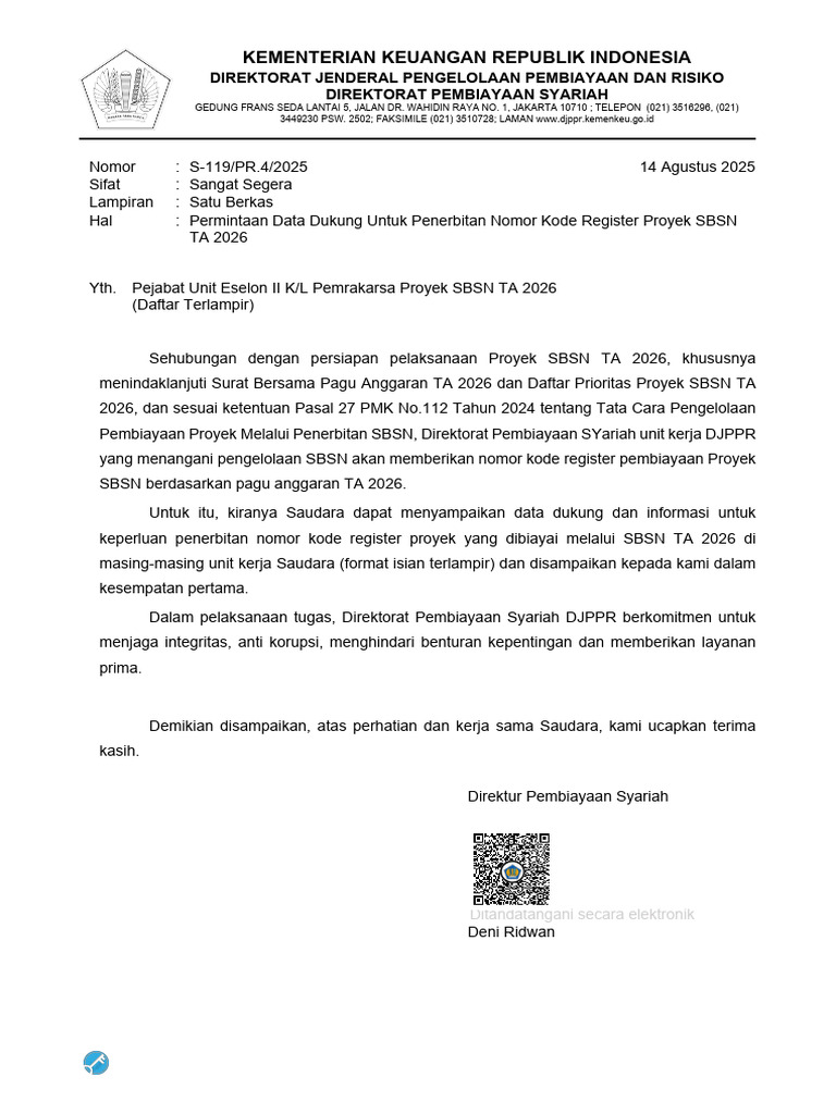 Permintaan Data Proyek SBSN TA 2026 | PDF