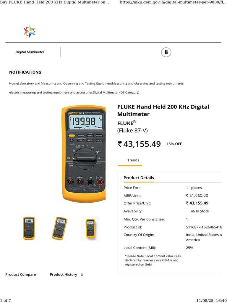 Buy FLUKE Hand Held 200 KHZ Digital Multimeter Online - Government e ...