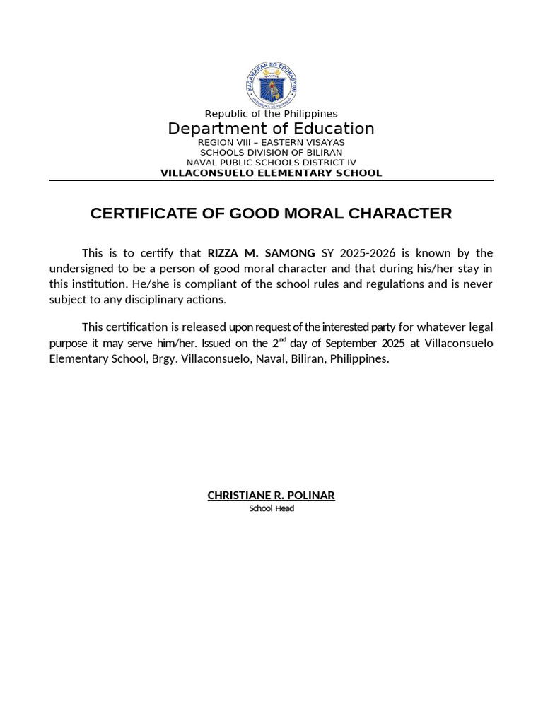 Certificate of Good Moral Character | PDF