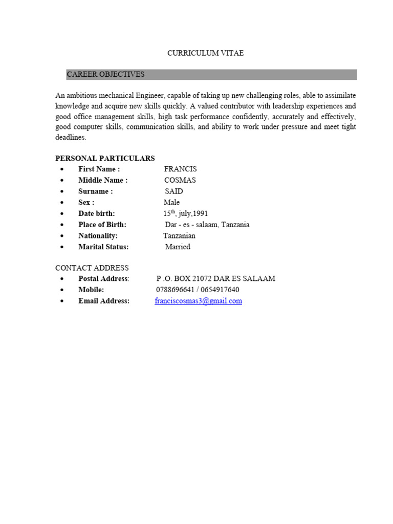 Mechanical Engineer CV - Francis Said | PDF | Pump | Tanzania
