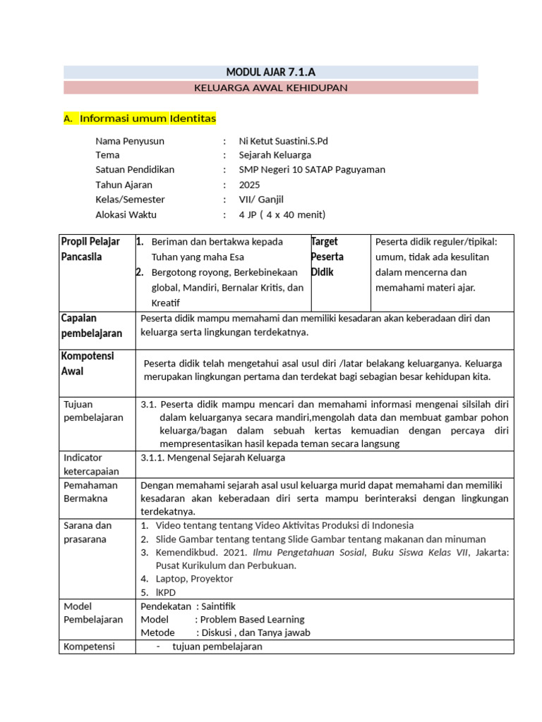 Modul Ajar 7 Keluarga Awal Kehidupan | PDF