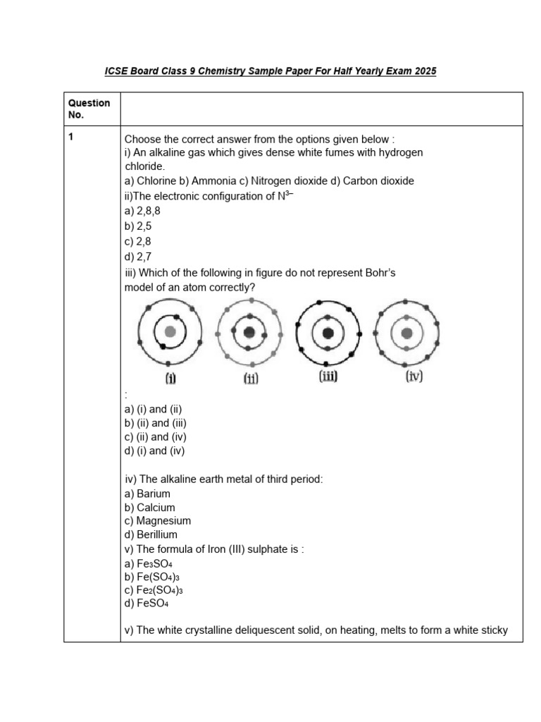 9 ICSE Half Yearly Sample Paper | PDF | Chemical Elements | Valence ...