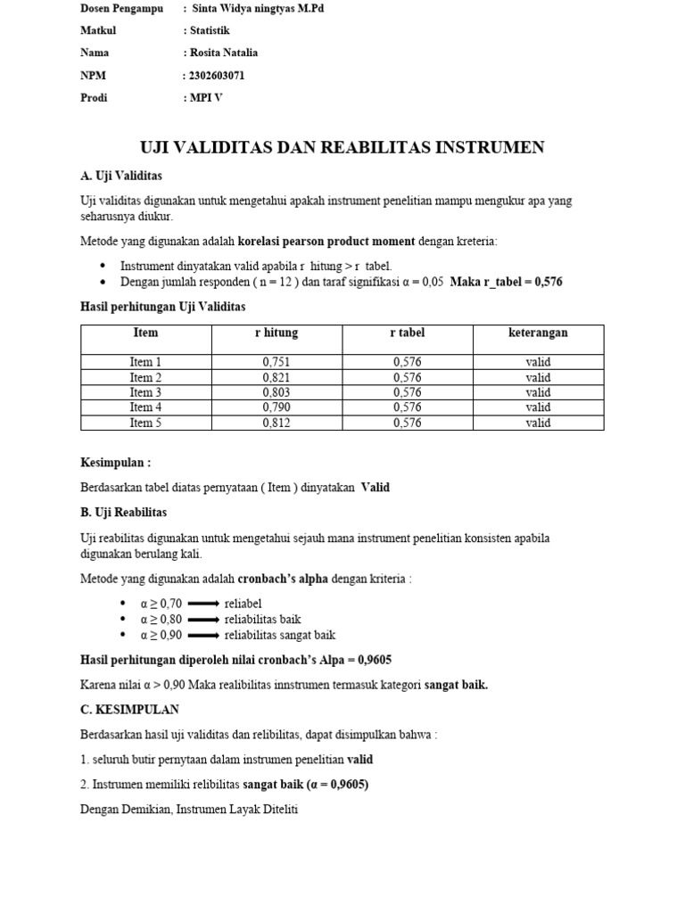 Tugas Statistik Perhitungan Uji Validitas Dan Reabilitas .PDF-compressed | PDF