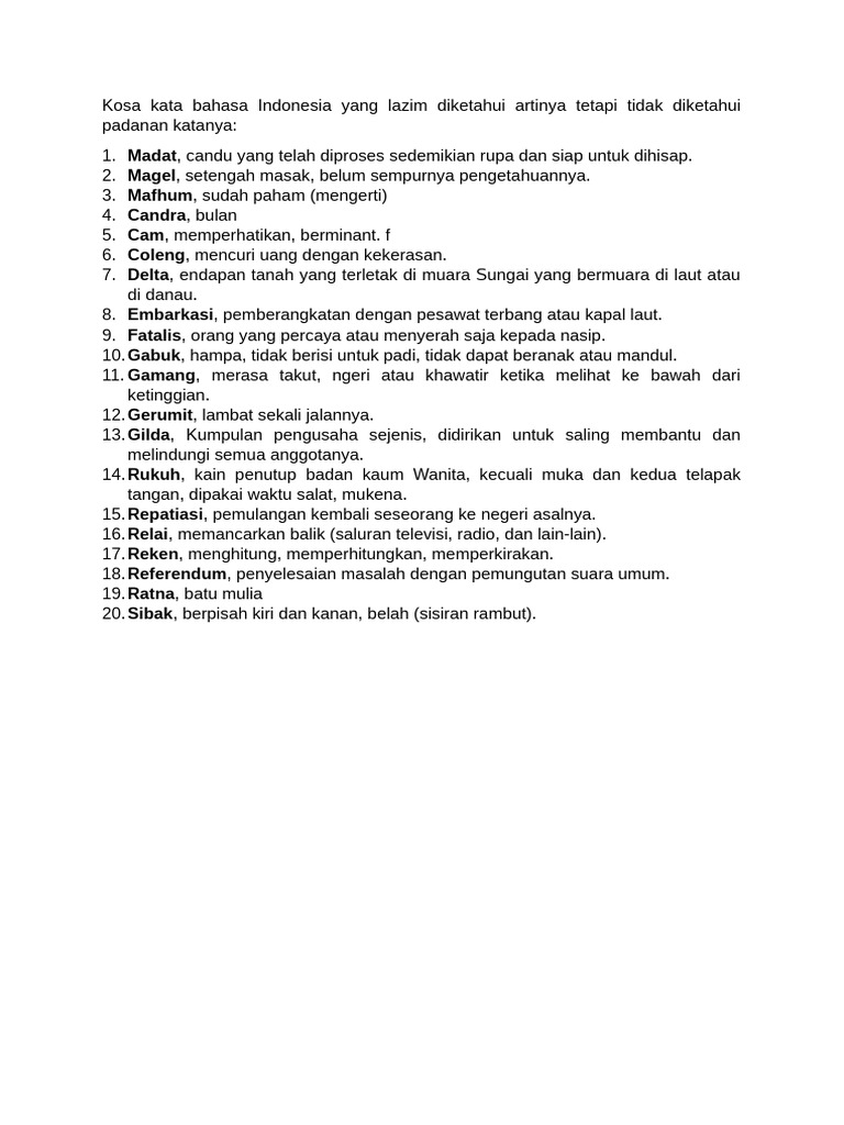 Kosa Kata Bahasa Indonesia Yang Lazim Diketahui Artinya Tetapi Tidak ...