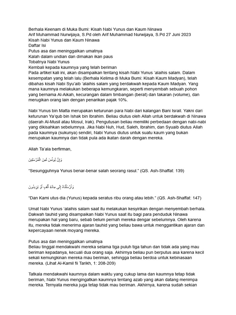 Berhala Keenam Di Muka Bumi - Kisah Nabi Yunus Dan Kaum Ninawa | PDF