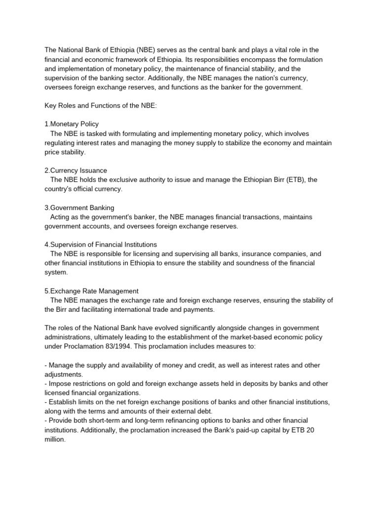 The National Bank of Ethiopia (NBE) Serves as the Central Bank and ...