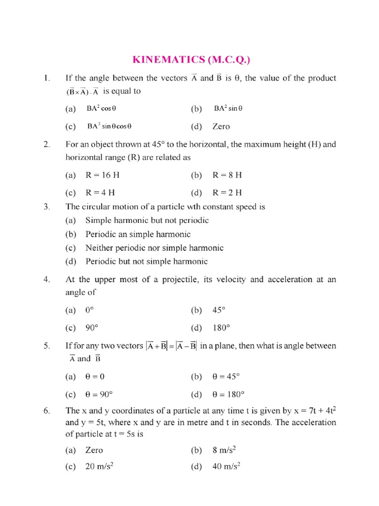 Kinematics MCQ | PDF
