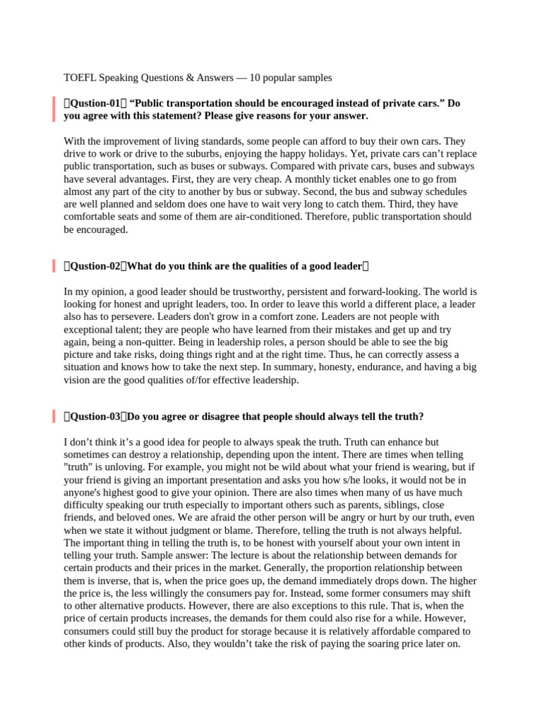 TOEFL Speaking Questions | PDF | Demand | Truth