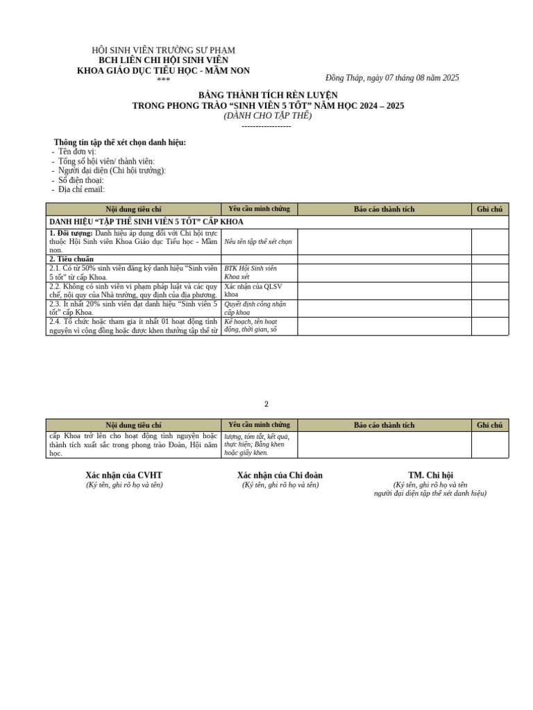 Mau BCTT Tap The Sv5t Cap Khoa 2024-2025 | PDF