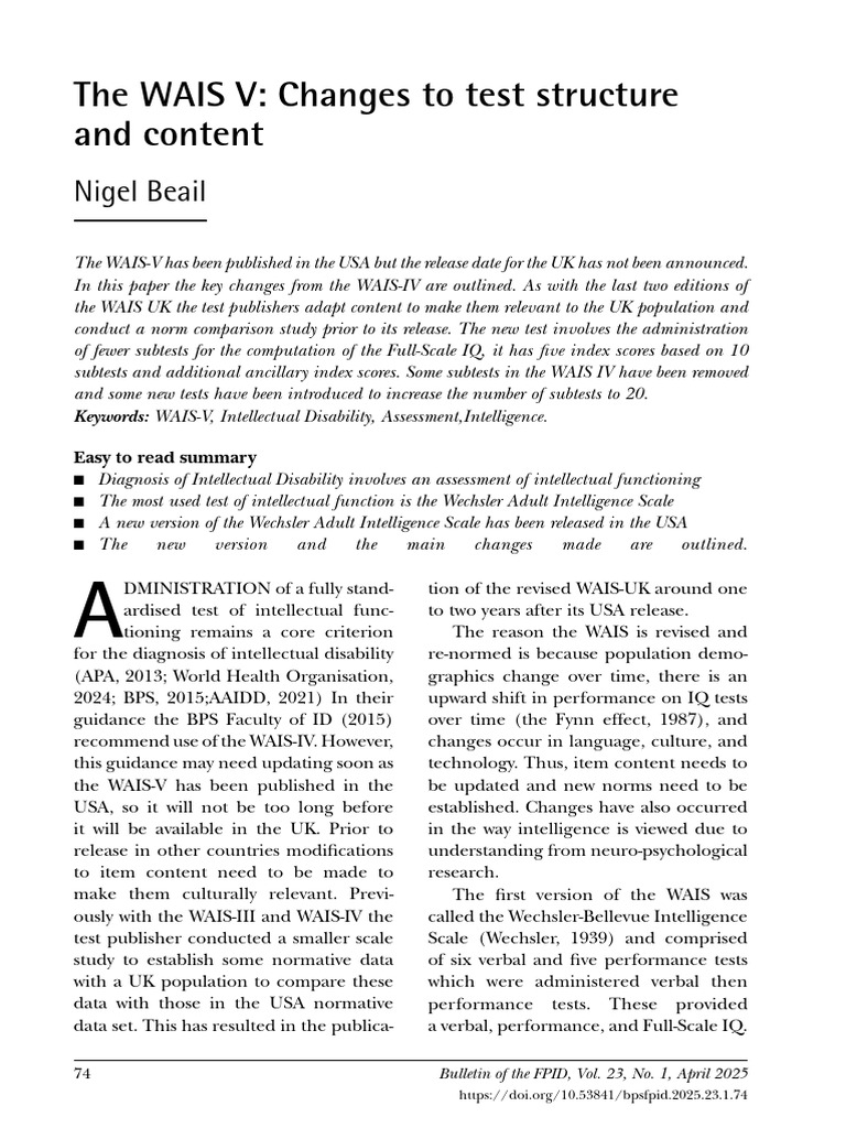 WAIS-V: Key Changes and UK Release | PDF | Wechsler Adult Intelligence ...