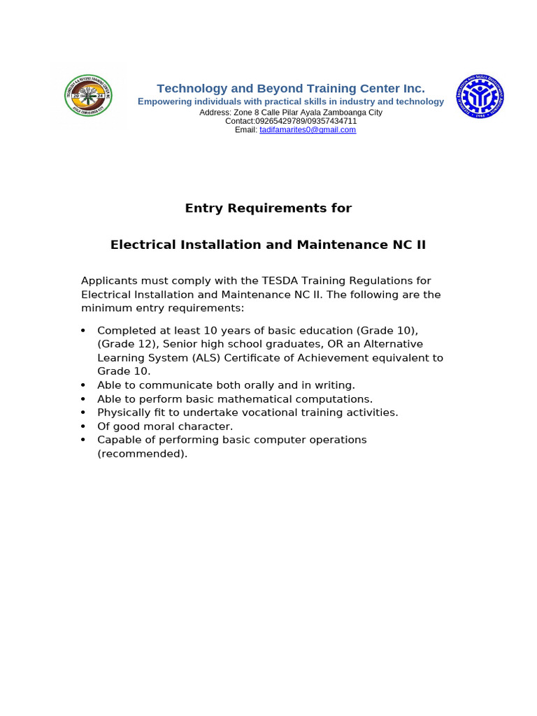 Electrical Installation NC II Entry Requirements | PDF