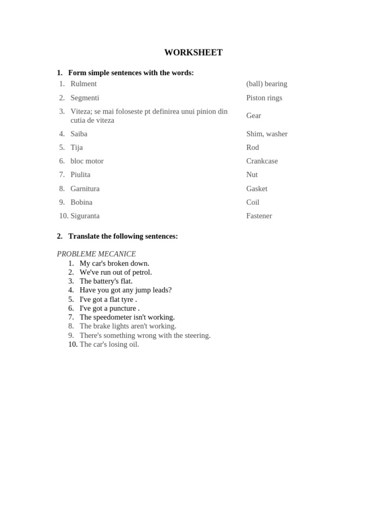 Automotive Vocabulary and Phrases Worksheet | PDF
