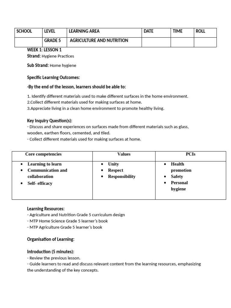 Grade 5 Home Hygiene Lesson Plan | PDF | Learning | Curriculum
