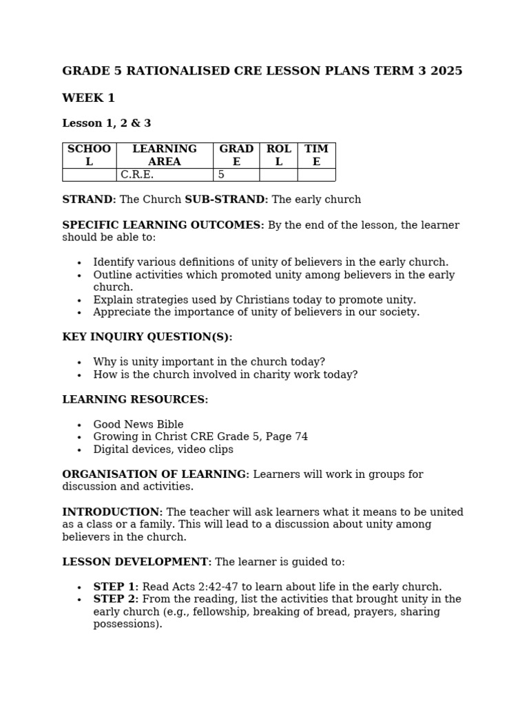Grade 5 C.R.E. Lesson Plans Term 3 | PDF | Eucharist | Fruit Of The ...