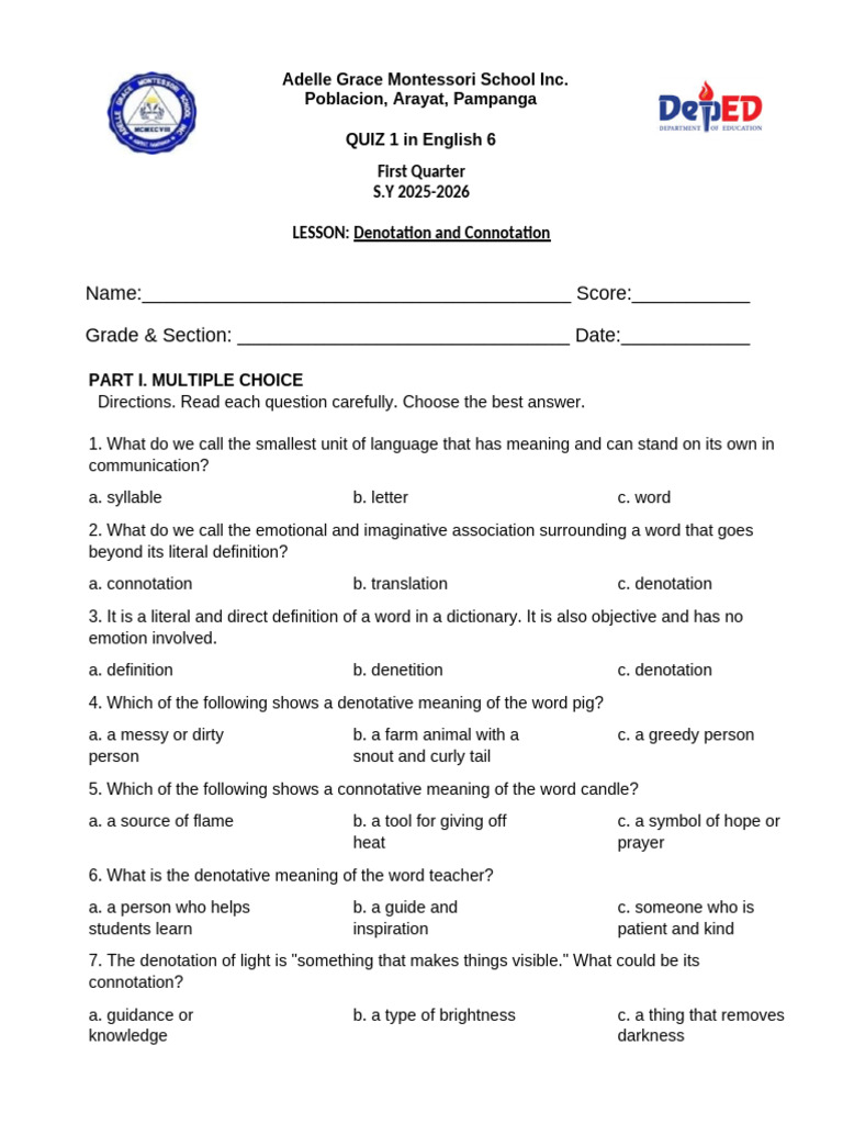 Denotation and Connotation Quiz for Grade 6 | PDF