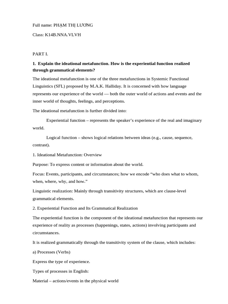 Understanding Ideational Metafunctions | PDF | Adverb | Linguistic ...