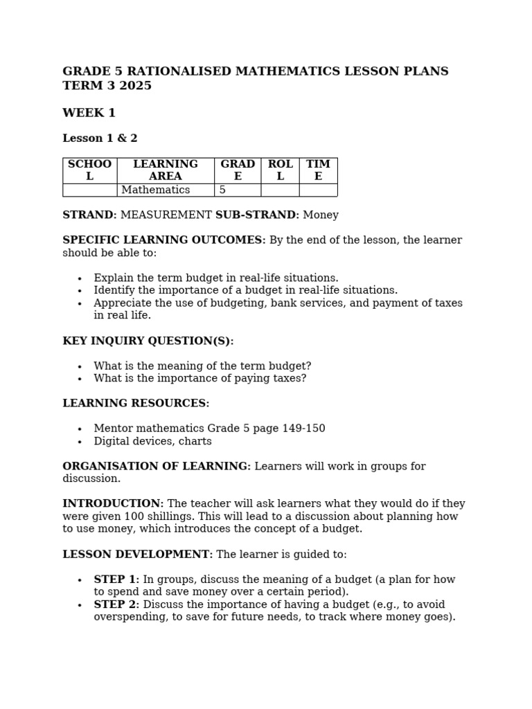 Grade 5 Term 3 Math Lesson Plans | PDF | Equations | Mentorship
