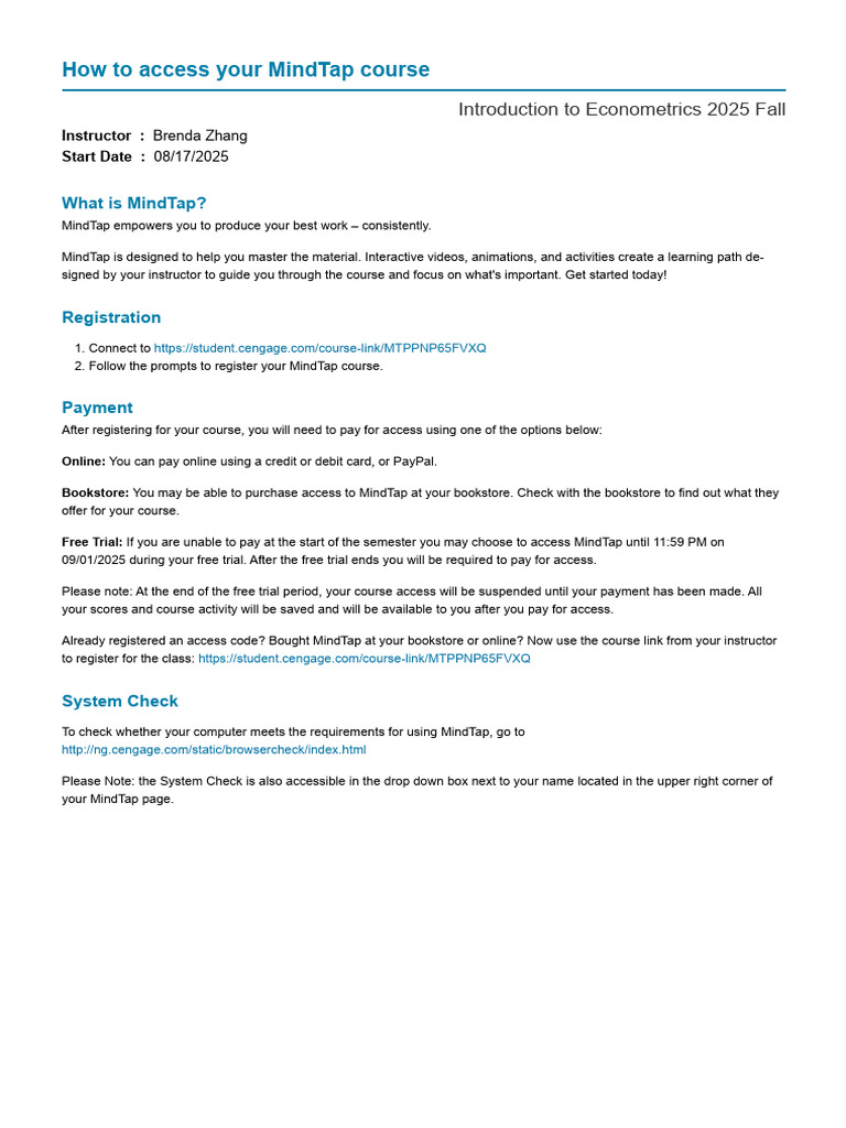 Accessing MindTap for Econometrics 2025 | PDF