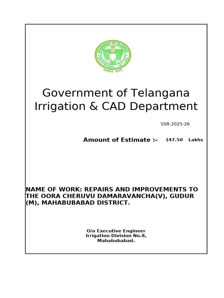 Oora Cheruvu Damaravancha Estimate 18.08.2025 | PDF | Concrete | Cement