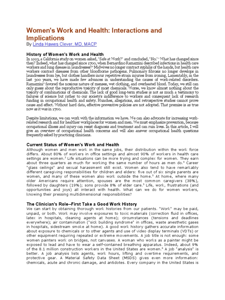 Women's Work and Health - Interactions and Implications | PDF ...