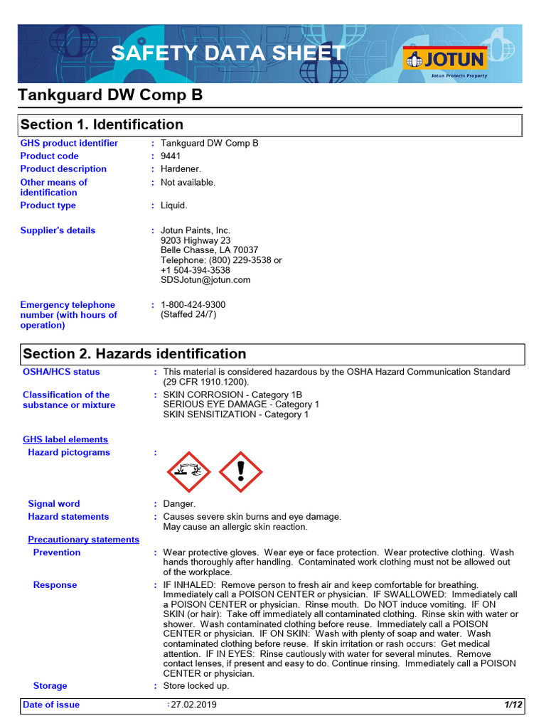 SDS 9441 Tankguard+DW+Comp+B Eng US | PDF | Waste | Waste Management