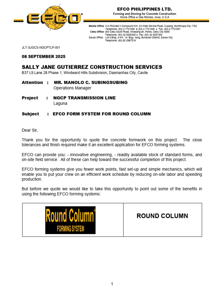 EFCO Round Column Form Proposal | PDF | Indemnity | Private Law