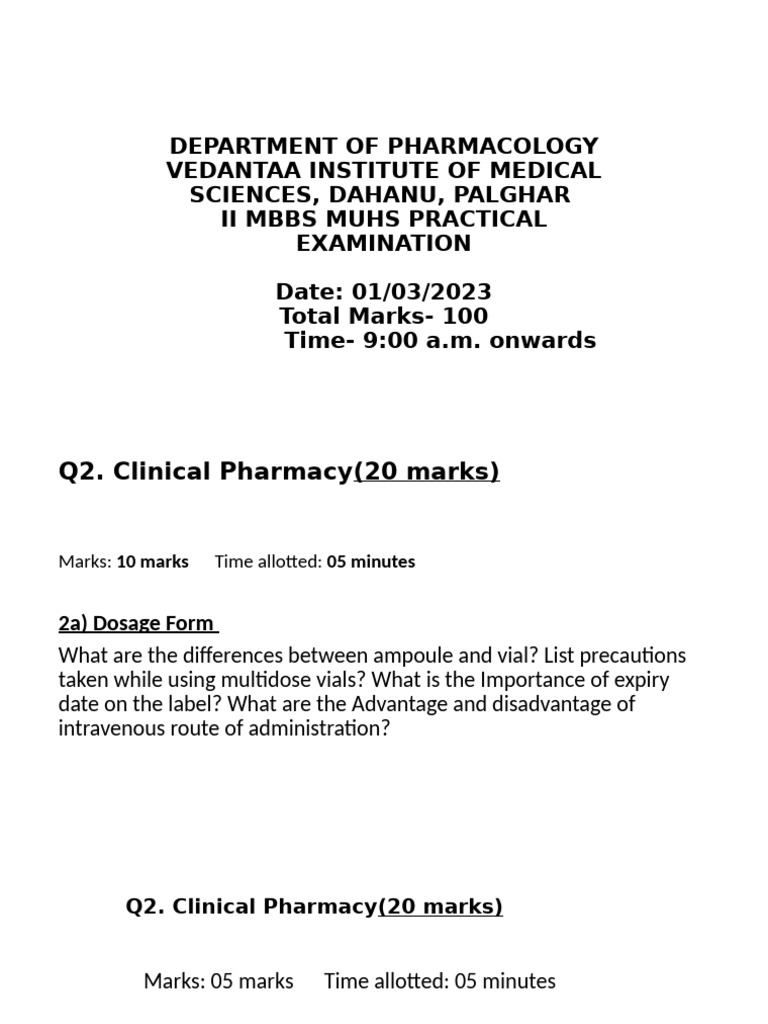 II MBBS Clinical Pharmacy Exam Guide | PDF | Dose (Biochemistry ...