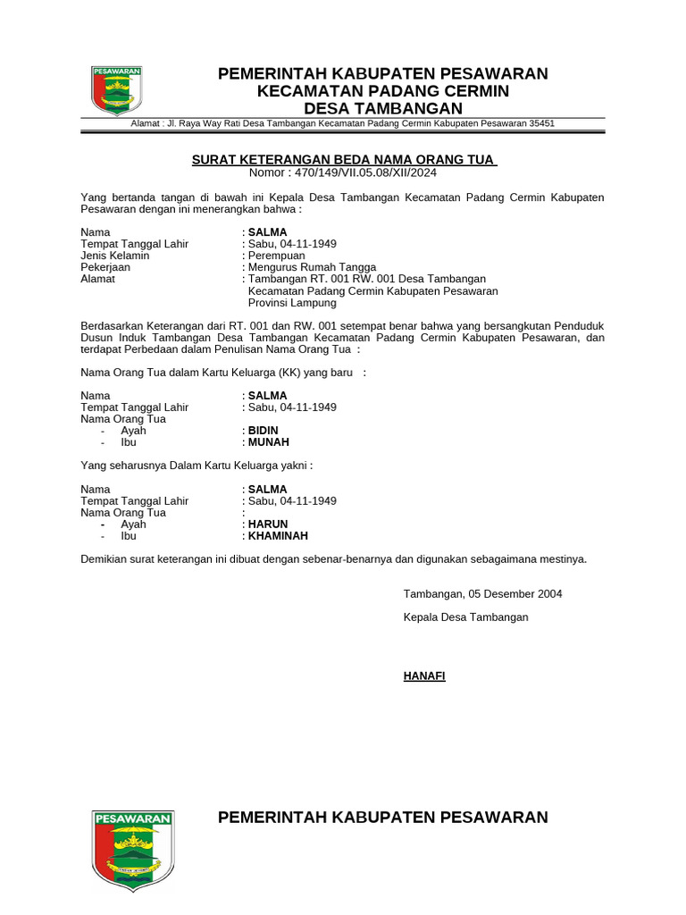 Surat Beda Data Nik | PDF