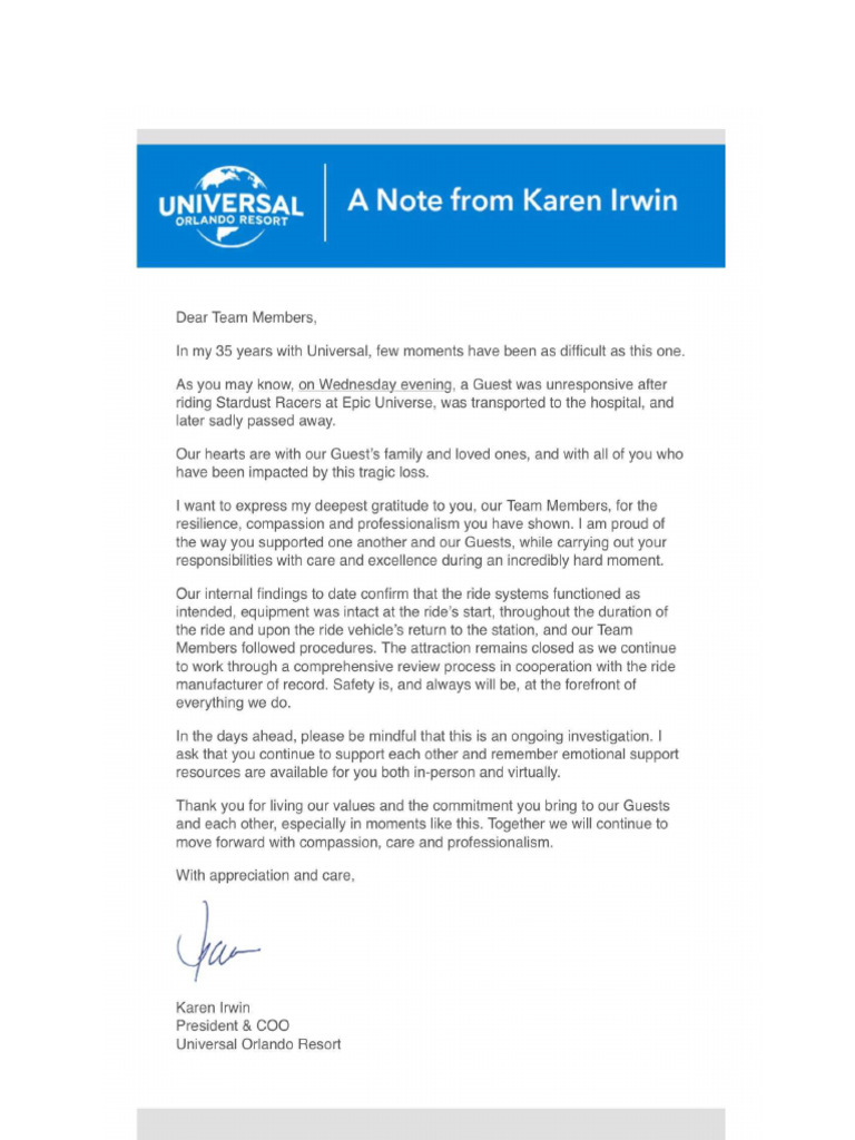 Universal Orlando Internal Letter | PDF