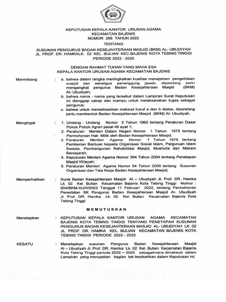 Susunan Pengurus BKM Al-Ubudiyah 2022-2025 | PDF