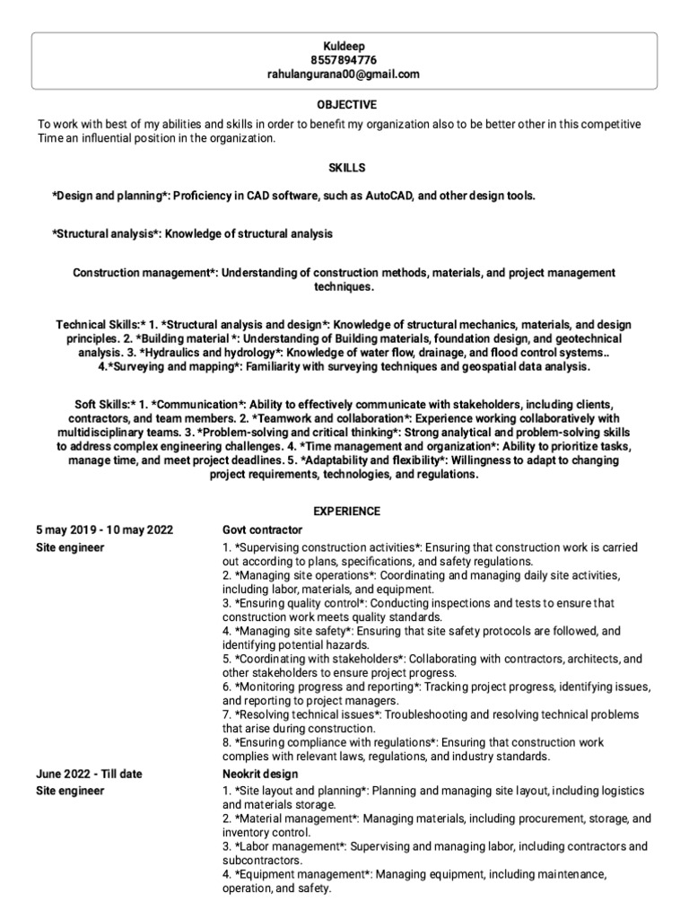 Civil Engineer Resume - Kuldeep | PDF | Skill | Business