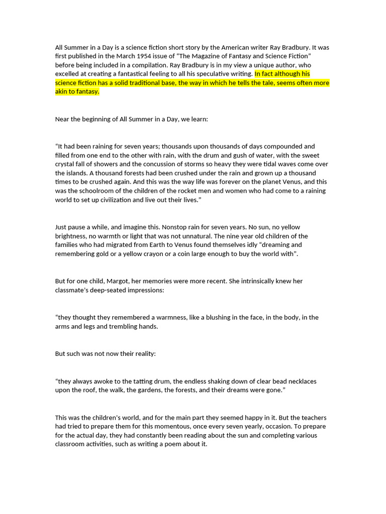 All Summer in A Day Is A Science Fiction Short Story by The American ...